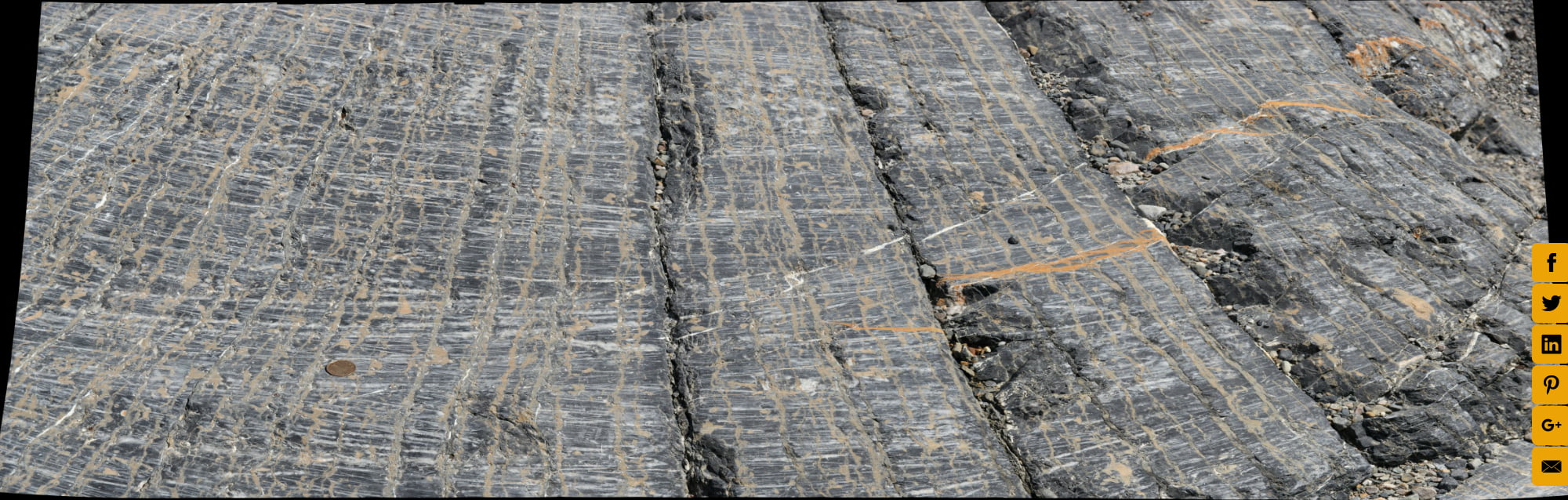 Striations in Eldon Formation, exposed near Athabasca Glacier.